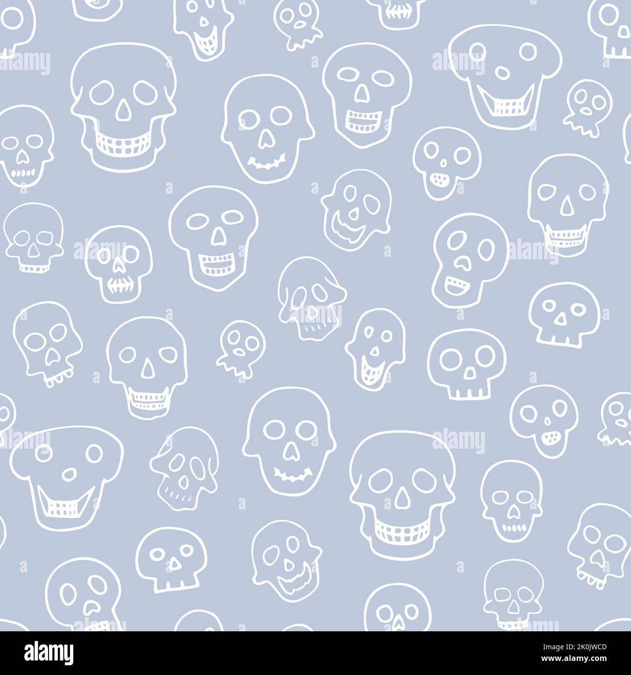 Doodle Halloween sculls seamless pattern. Outline Skeleton on blue ...