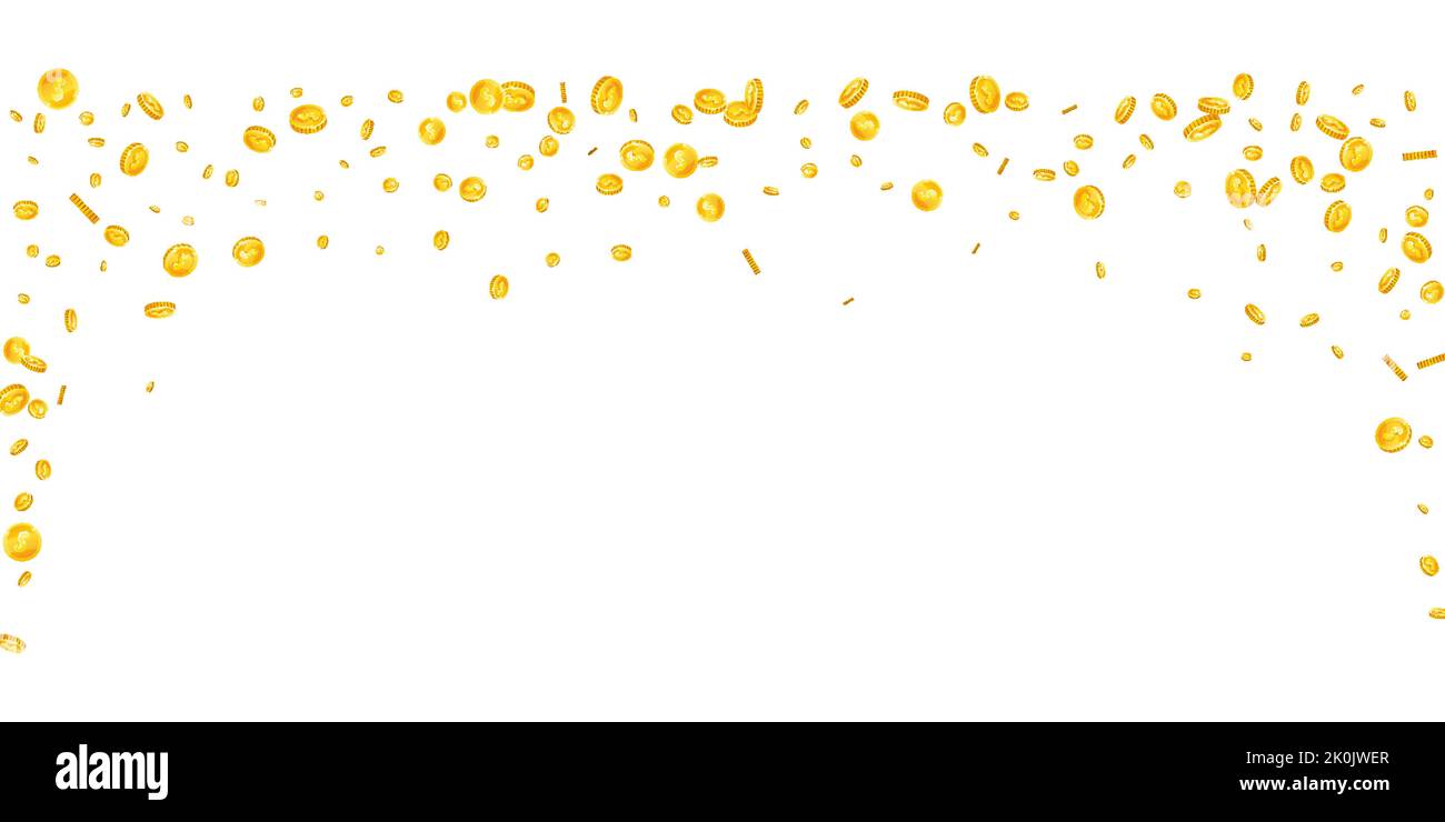 American dollar coins falling. Scattered gold USD coins. USA money ...