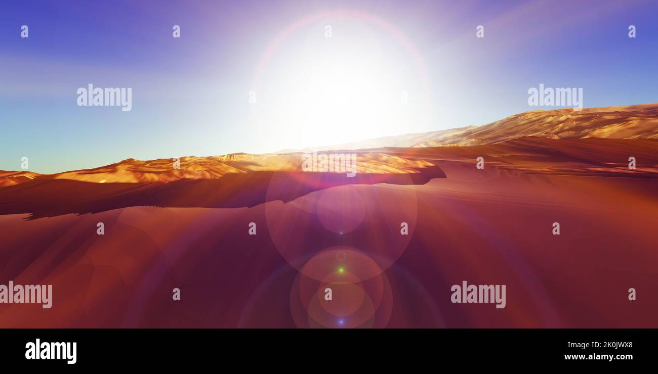 Dunes sunset over the desert. 3d rendering illustration Stock Photo - Alamy