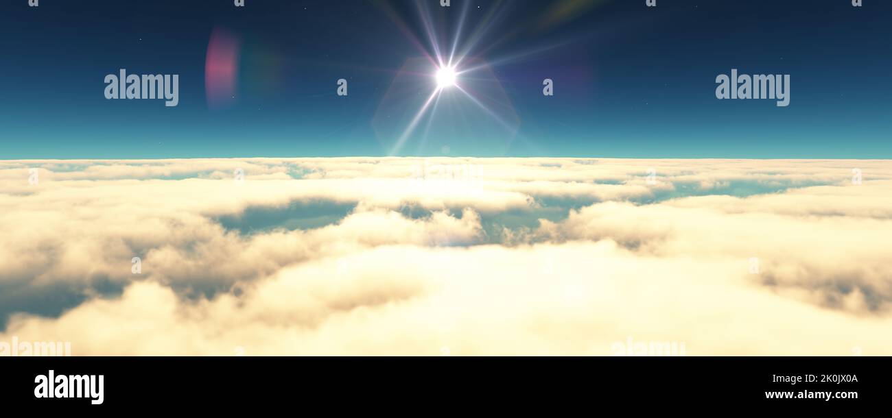 fly above clouds sunset landscape. 3d render illustration Stock Photo ...