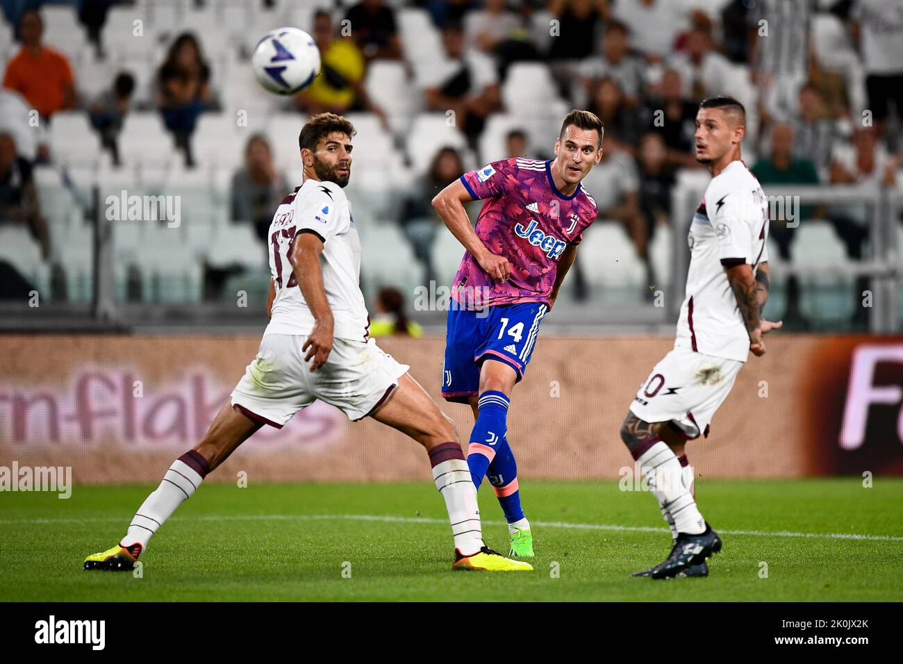 Turin, Italy. 11 September 2022. Arkadiusz Milik of Juventus FC kicks ...