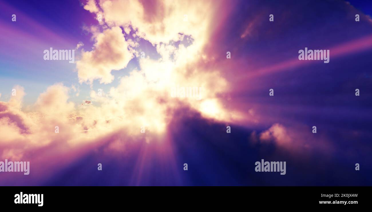 above clouds sun ray sunset. 3d render illustration Stock Photo - Alamy