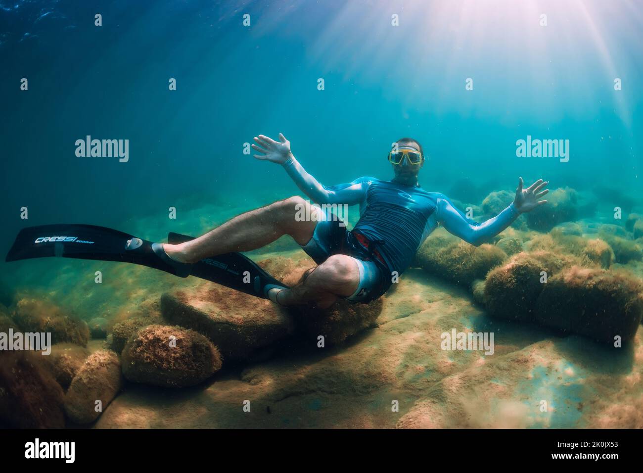 August 07, 2021. Varna, Bulgaria. Men freediver in sea. Freediving ...