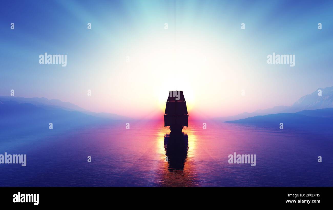 old ship at sea sunset, 3d render illustration Stock Photo - Alamy
