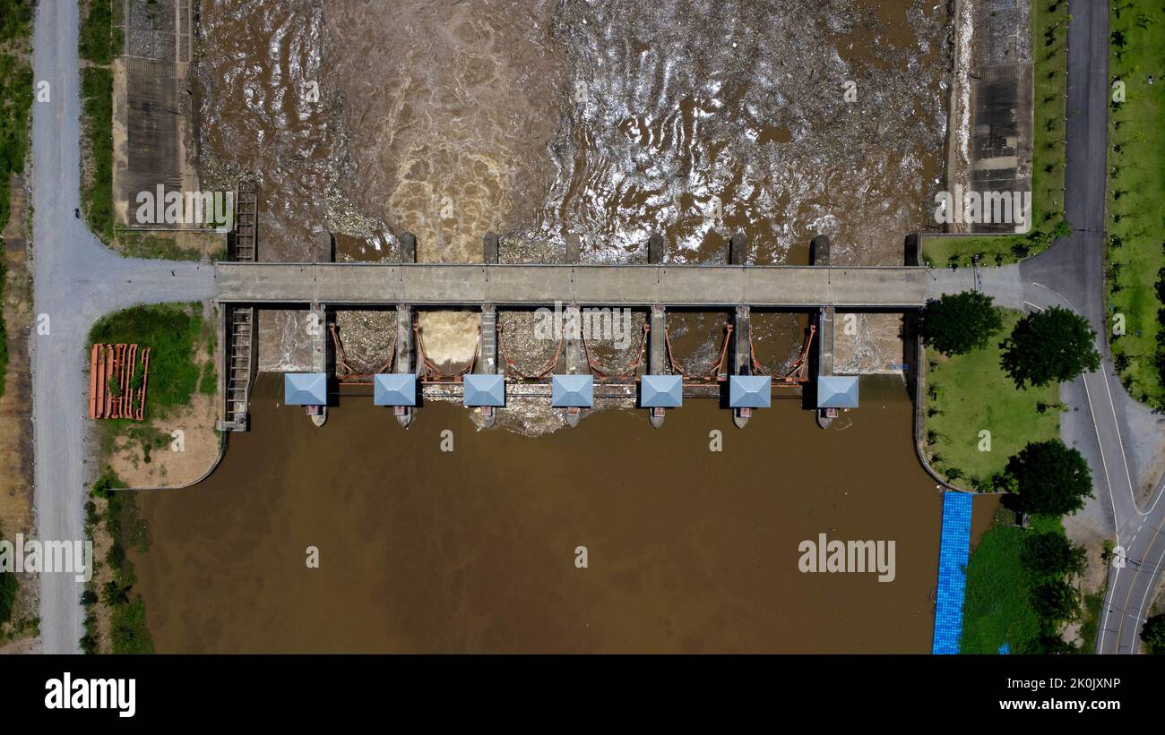 Aerial view of the water released from the concrete dam's drainage ...