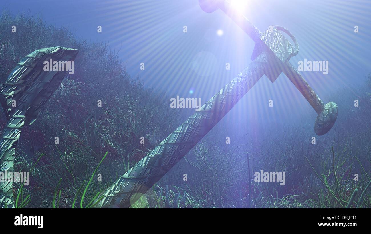 anchor under water sun ray illustration 3d rendering Stock Photo - Alamy