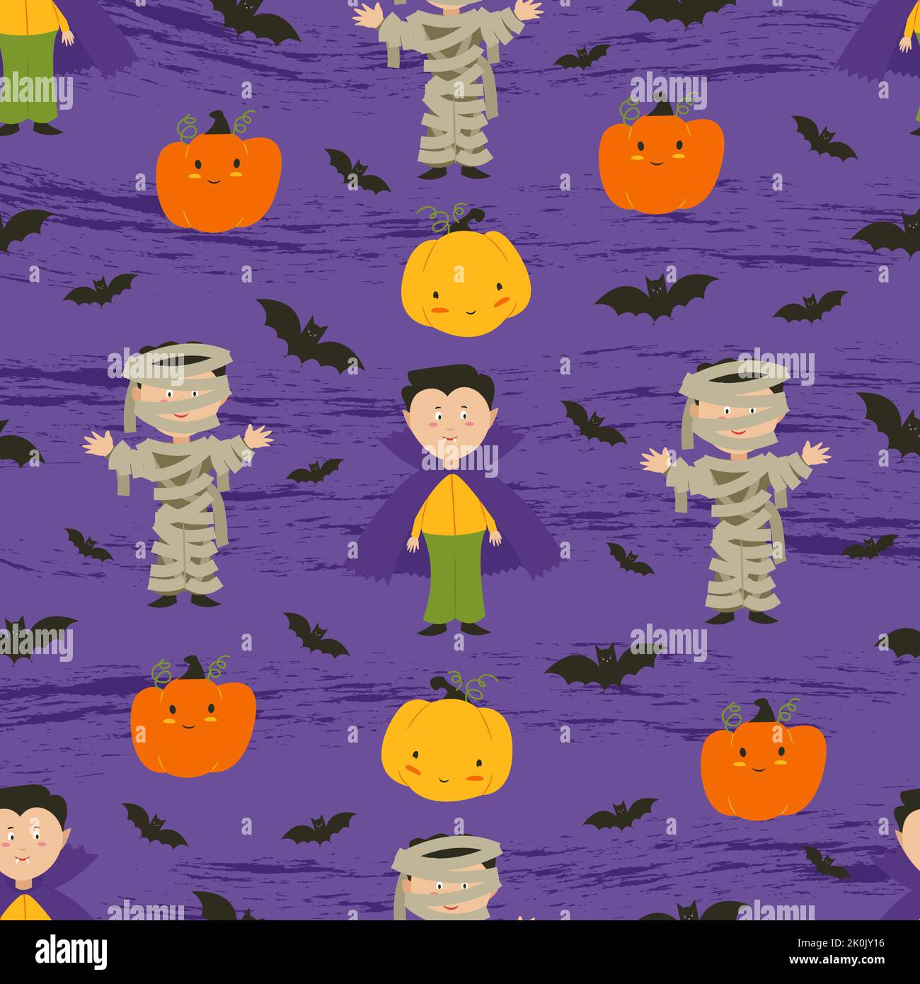 Halloween ghosts. Children in Halloween costumes, pumpkins and bats ...