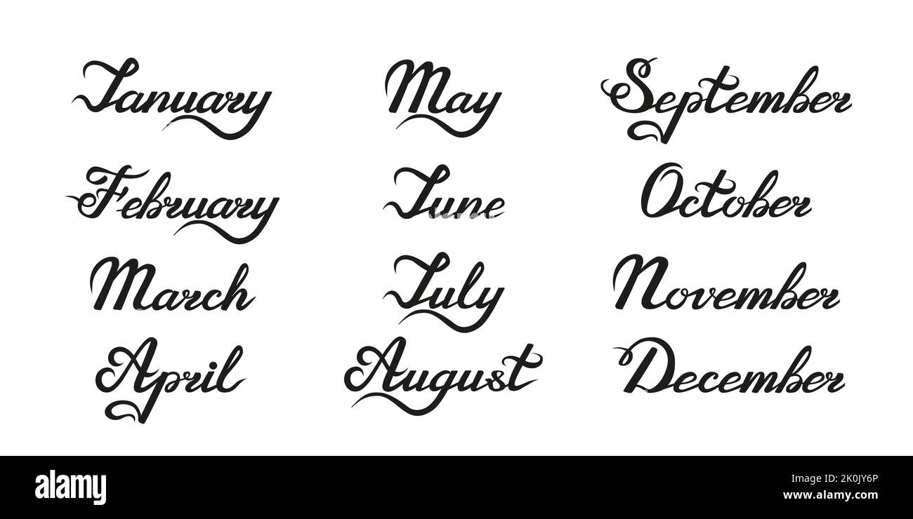 Collection of words, names of 12 months of the year. Hand written ...