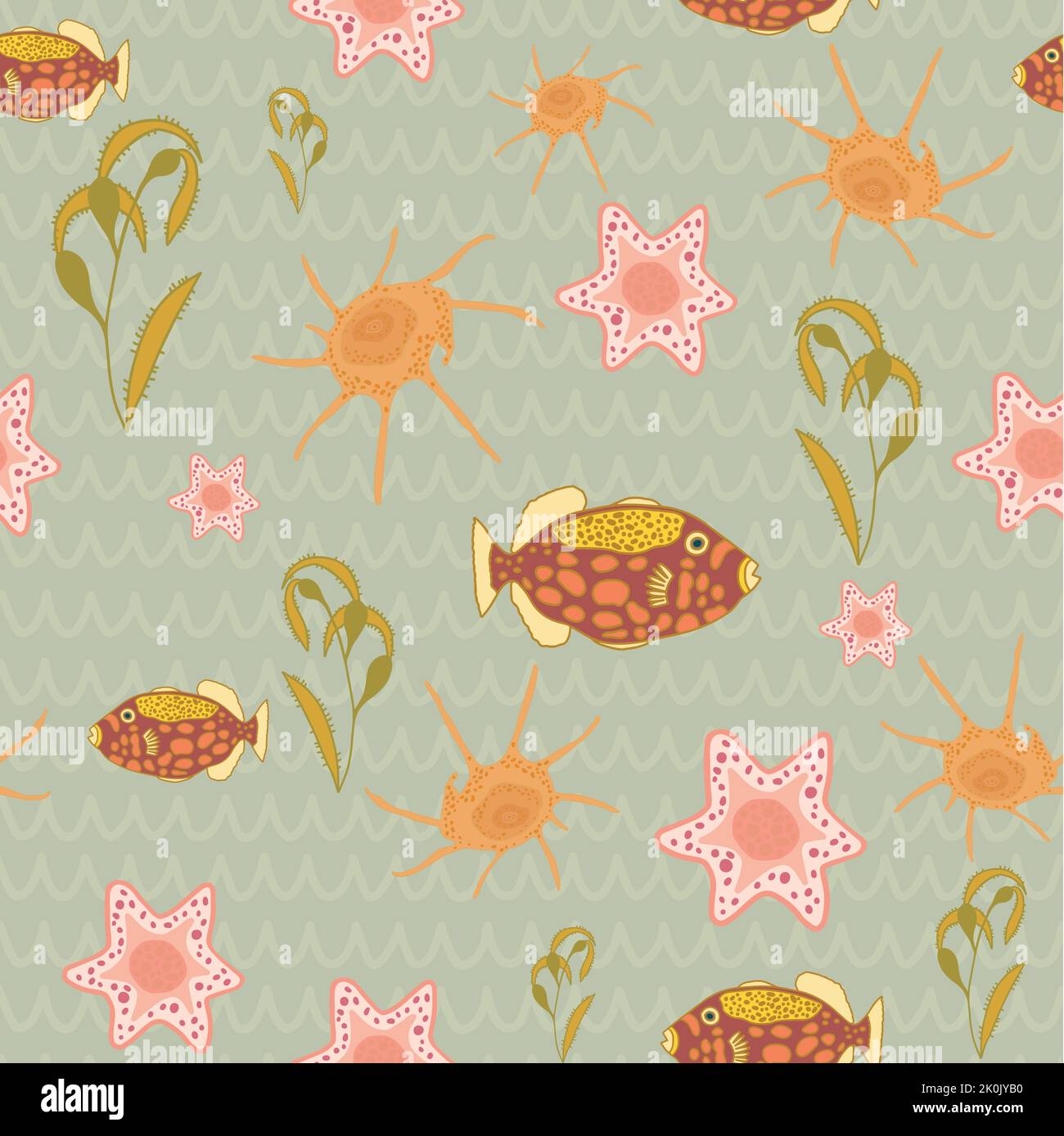 Fishes, shells, sea stars and seaweeds seamless pattern on light green ...
