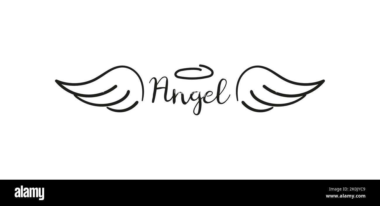 Angels wings with halo. Hand drawn vector feather angel. Handdrawn ...