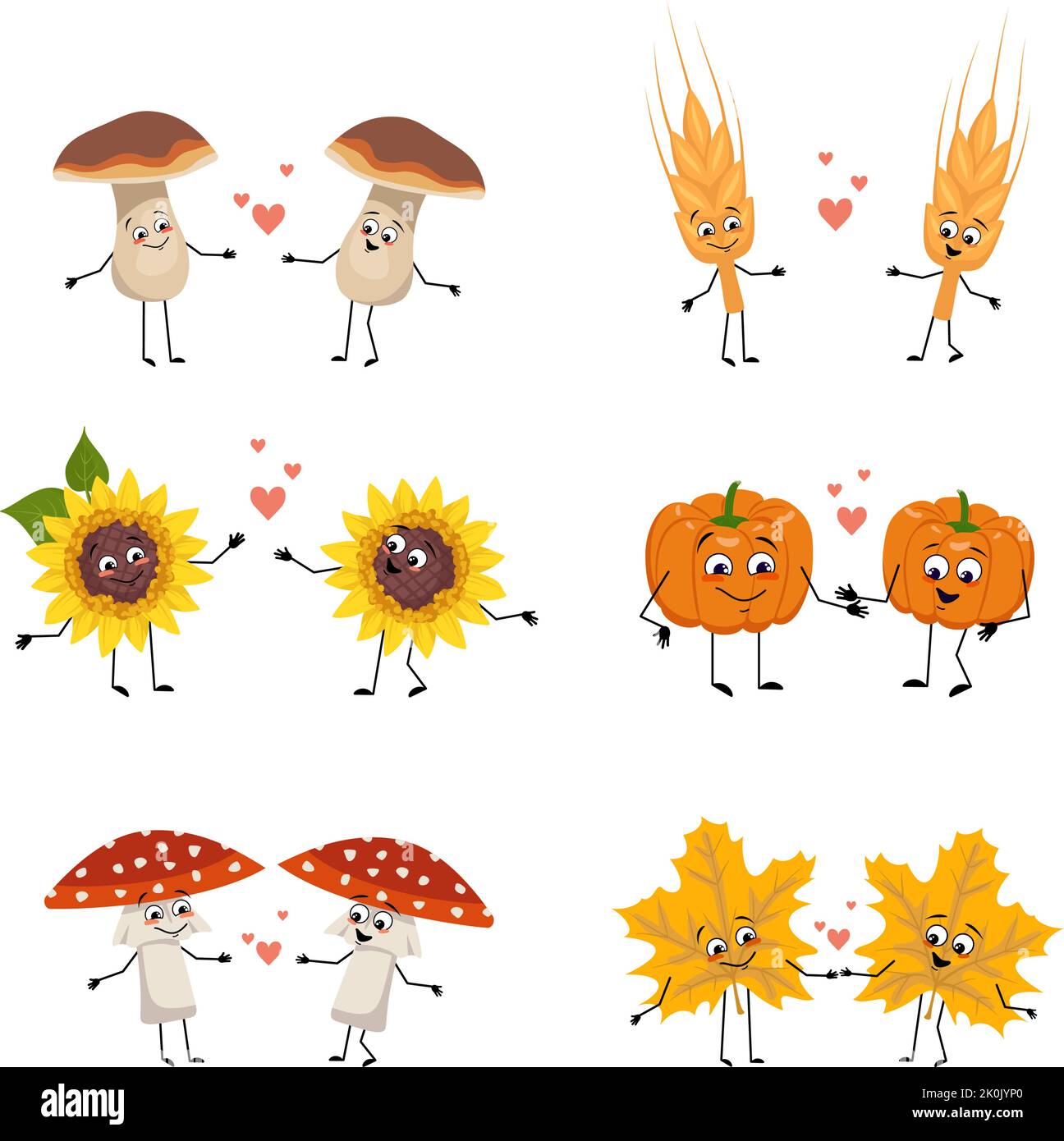 Set of autumn people made leaves, fly agaric mushrooms, pumpkin ...