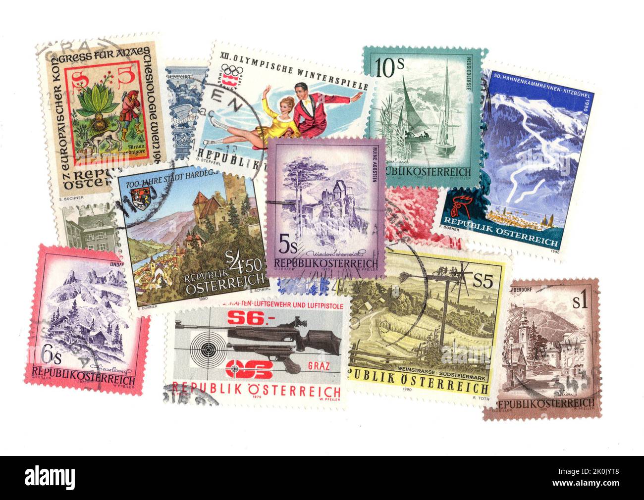 A montage of postage stamps from Austria on a white background Stock ...