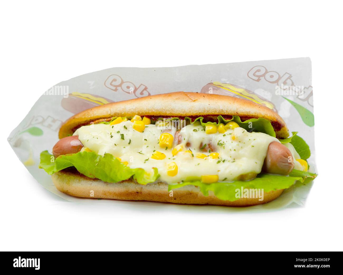 Hotdog with Corn, Mozzarella Cheese, Barbecue and Letuce, Corn-cheese ...
