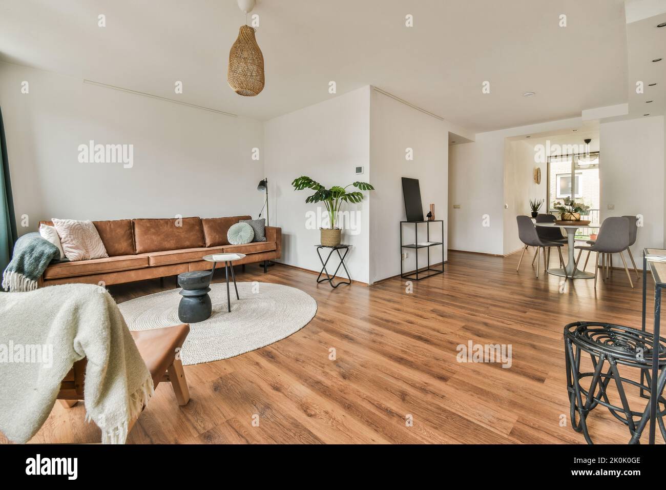 Comfortable sofa with cushions placed against light wall with TV and ...