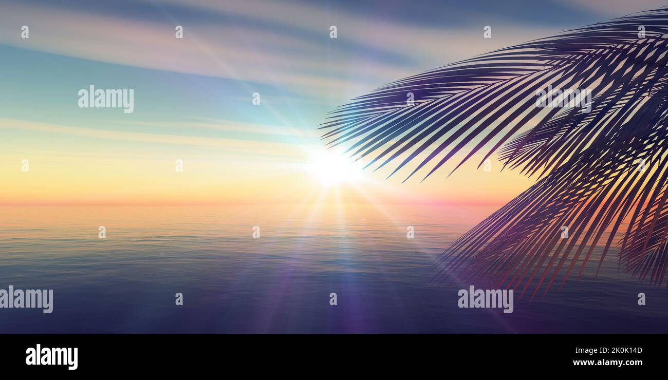 sunset sea palm landscape illustration, 3d render Stock Photo - Alamy