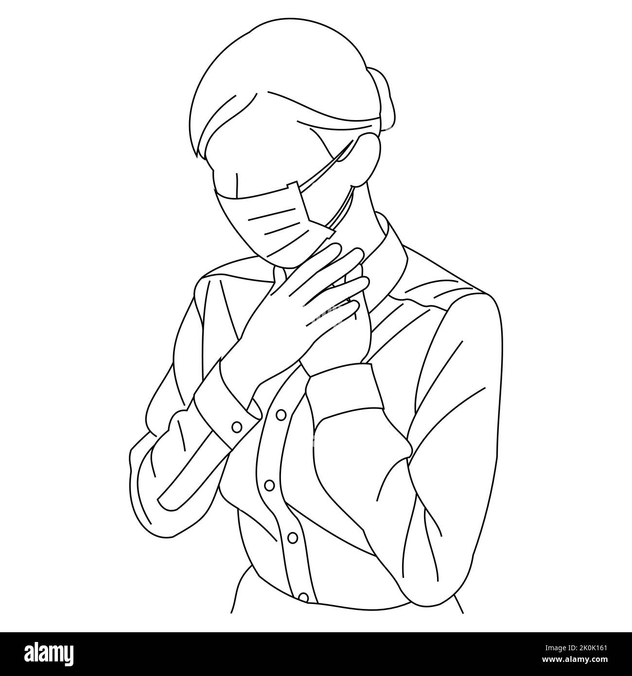 An illustration drawing of a young woman sick wearing medical face ...