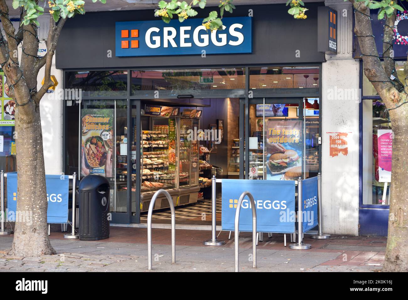 Exterior of a Greggs store in England showing signs for special offers ...