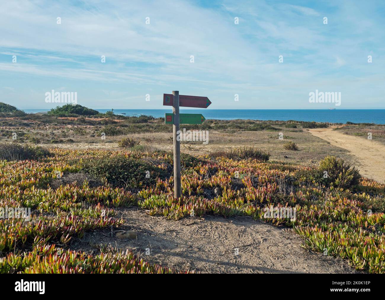 Signpost pointing the way on Praia do Sissal with the colours of Rota ...