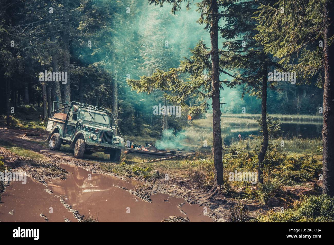 Adventures tourism camping stop in pine tree forest landscape near ...