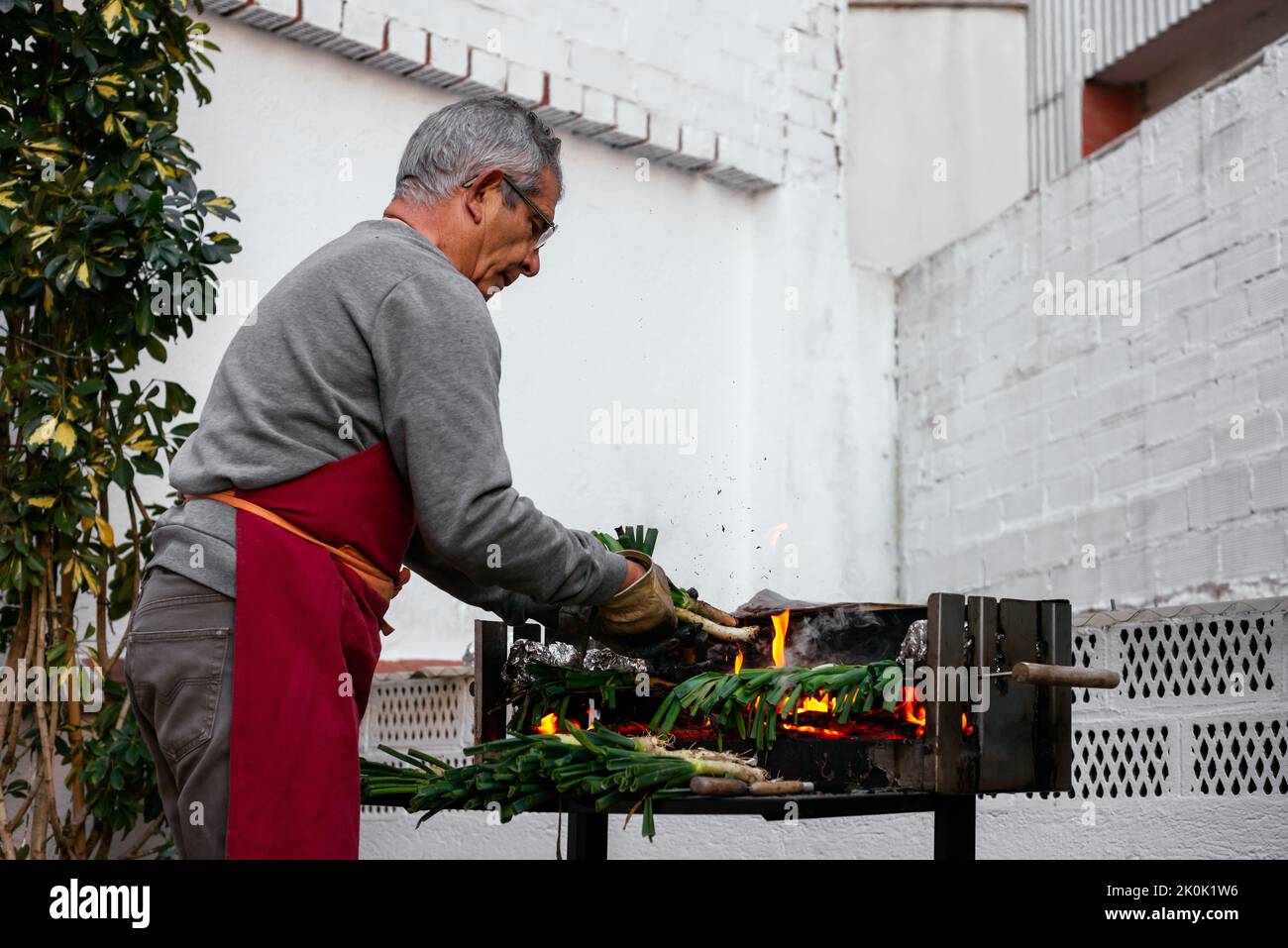 Side view man in protective gloves grilling traditional Catalonian ...