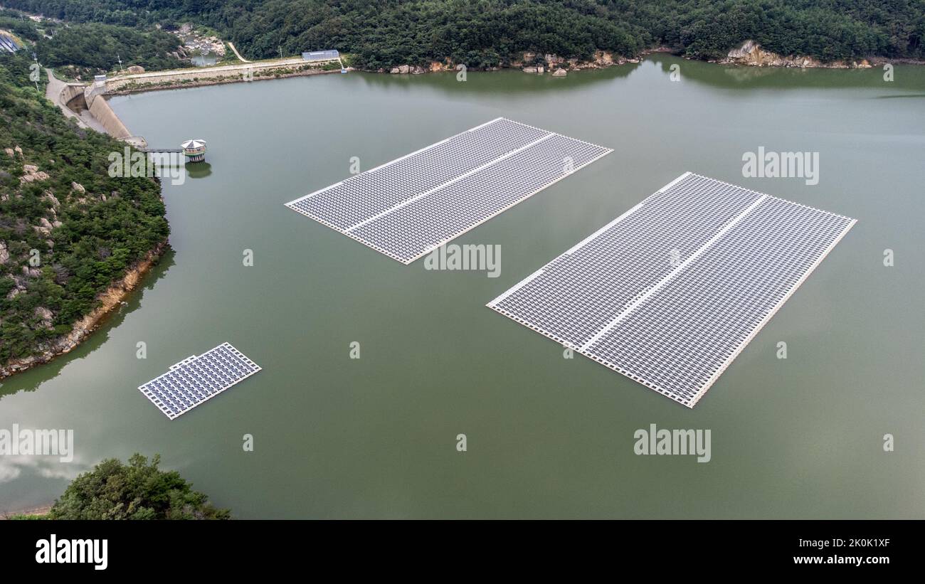 Floating solar panels on a reservoir in Gangwon-do Province, South ...