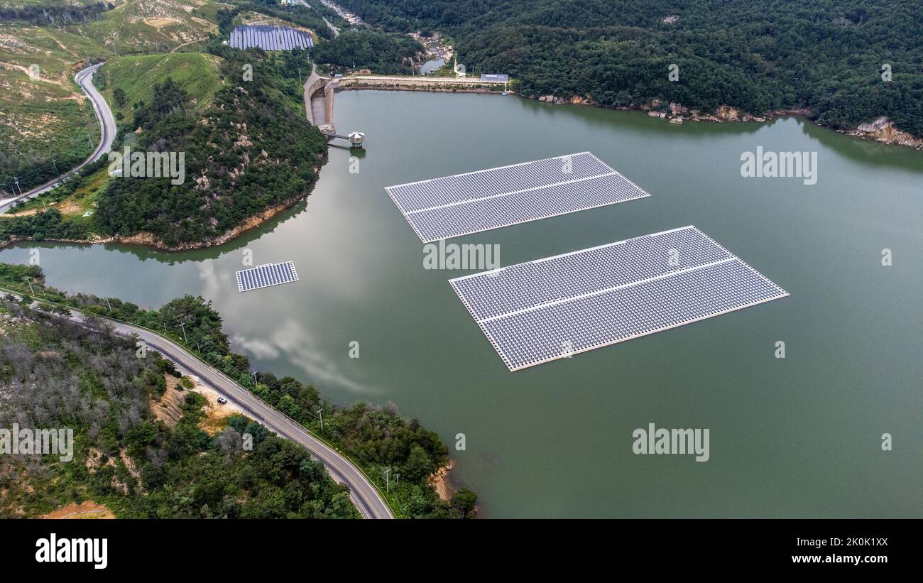 Floating solar panels on a reservoir in Gangwon-do Province, South ...
