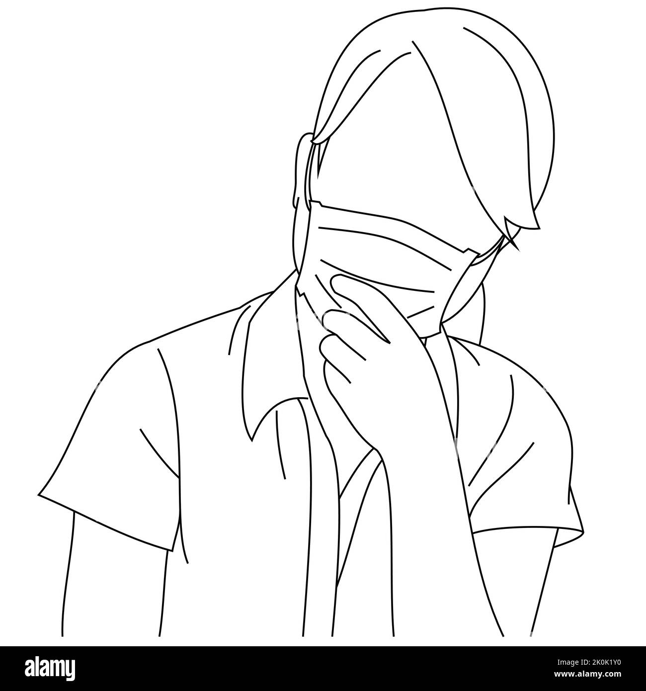 An illustration drawing of a young woman sick wearing medical face ...