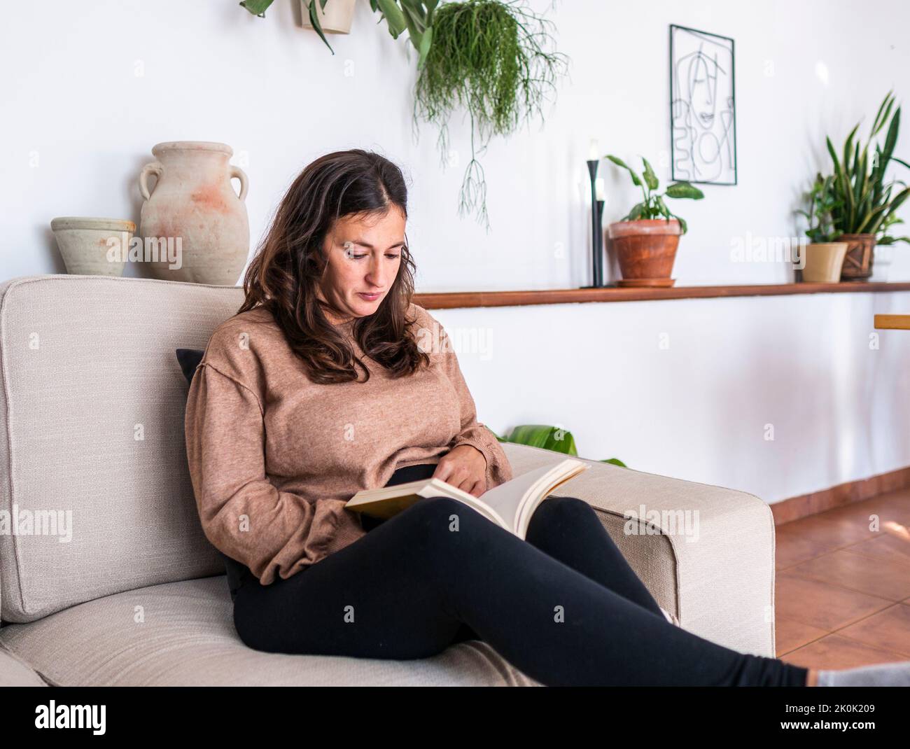 Concentrated female reading book while sitting on comfortable couch in ...