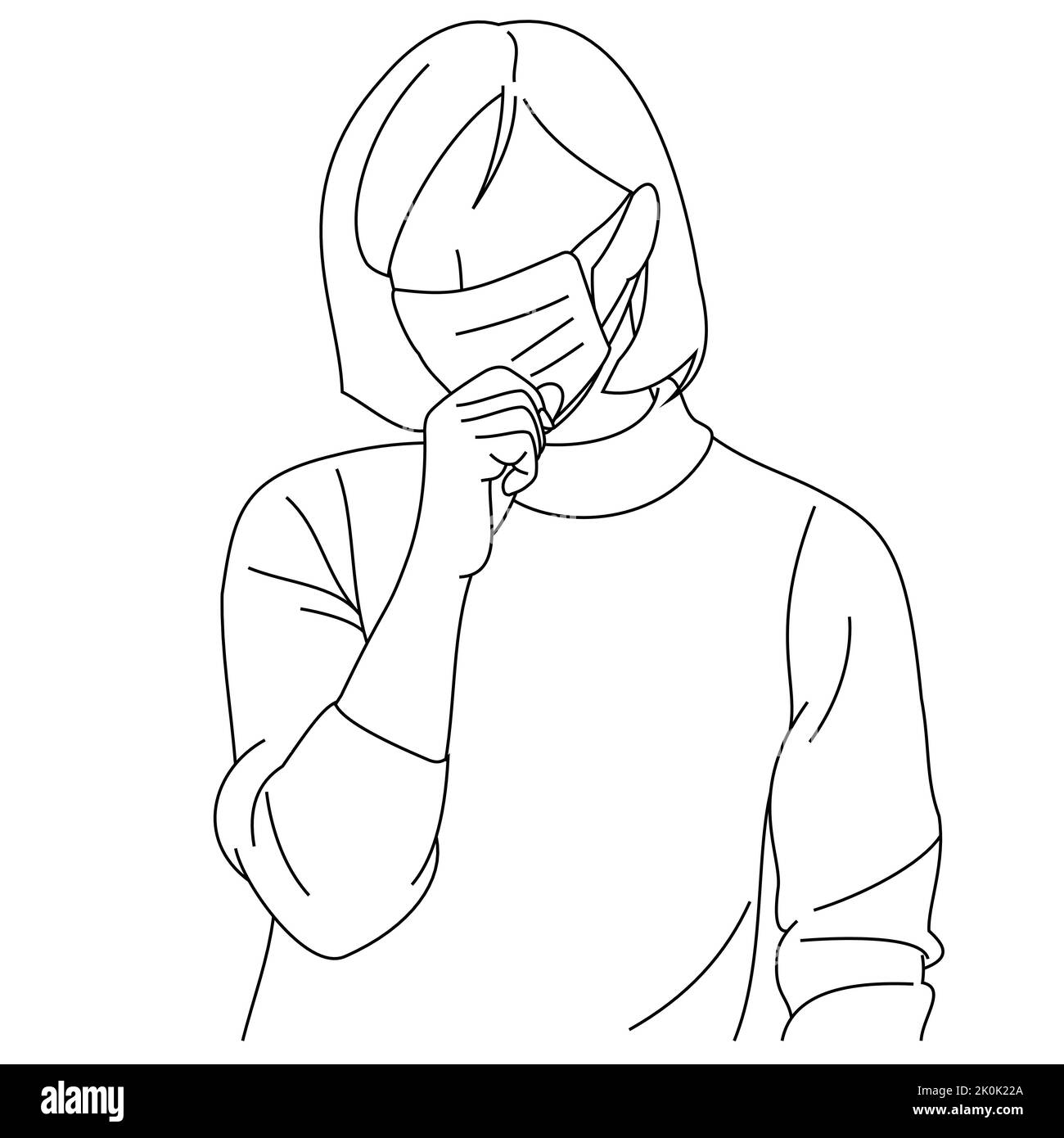 An illustration drawing of a young woman sick wearing medical face ...