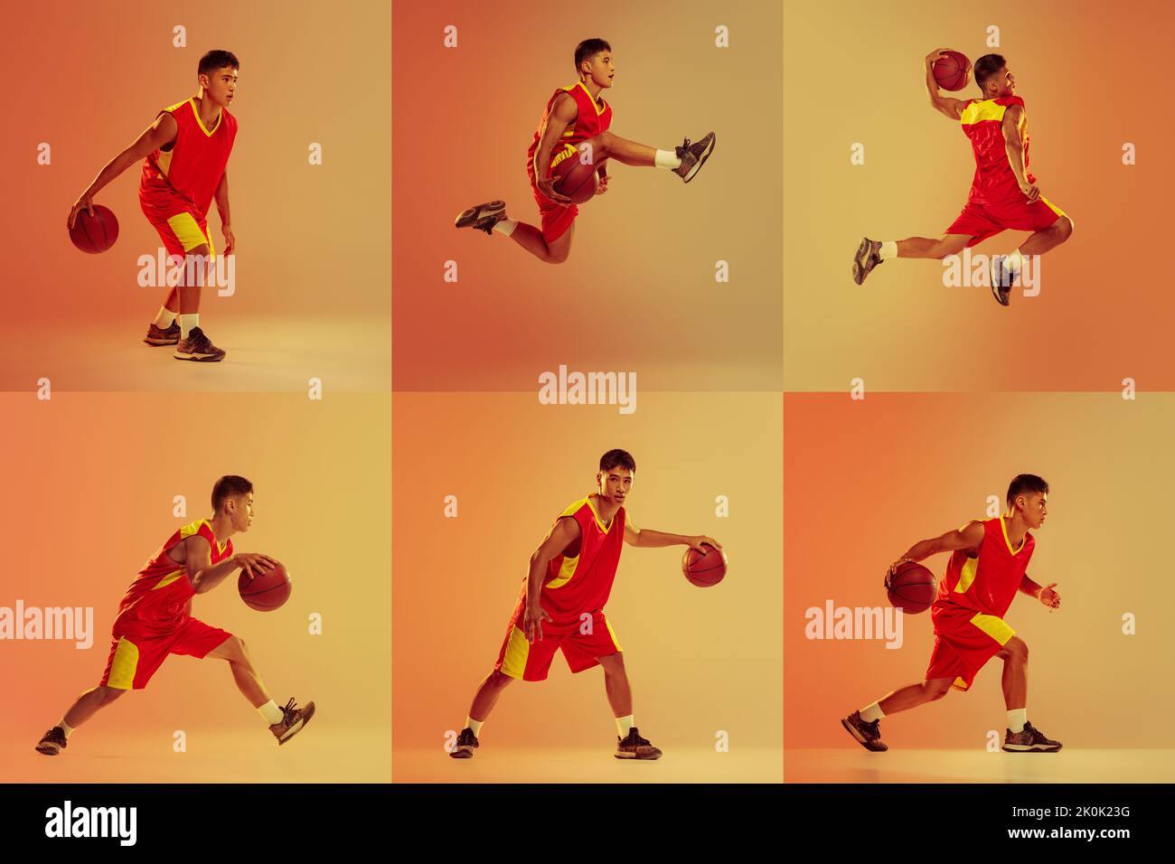 Collage. Full-length portraits of sportive young man, basketball player ...