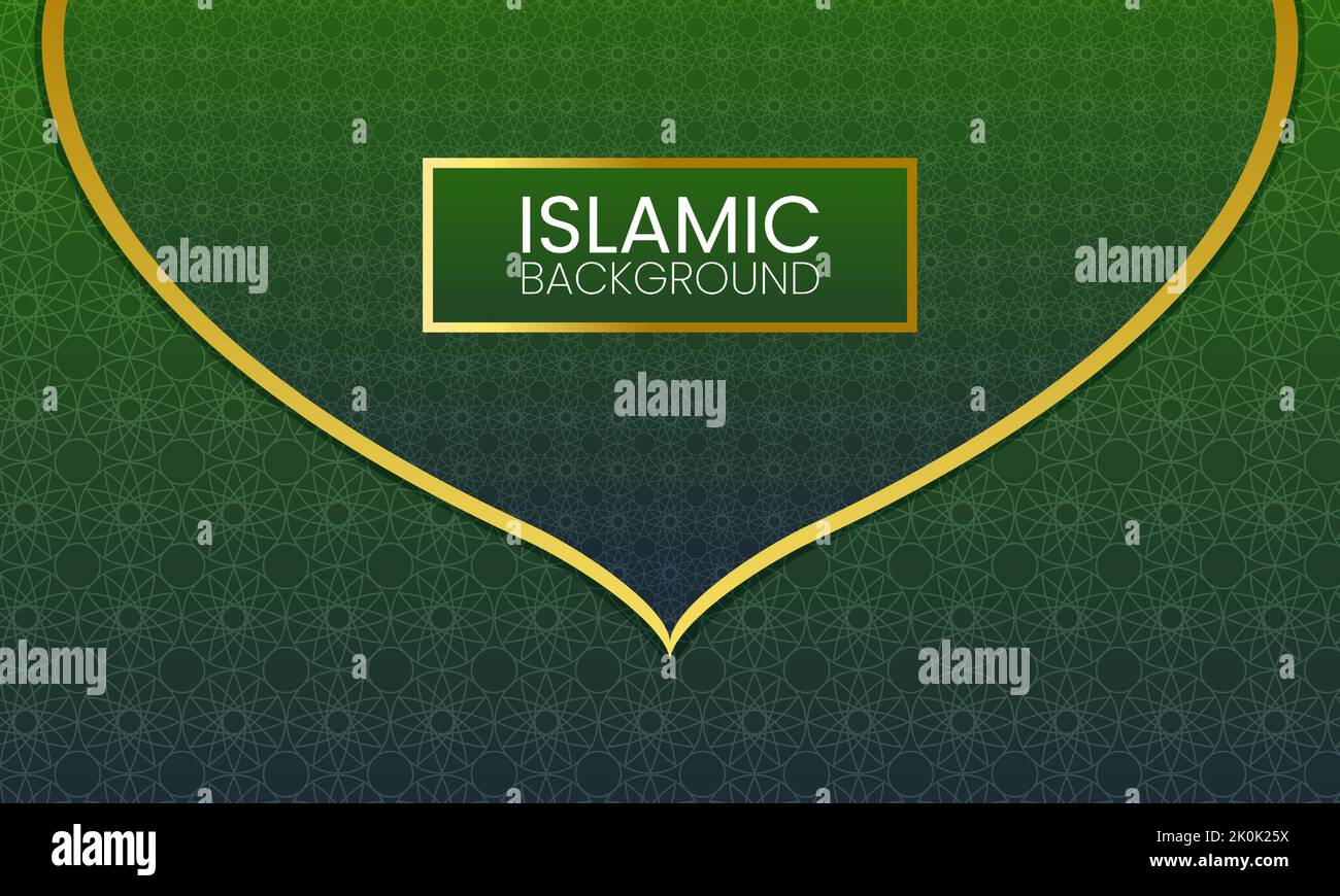 A beautiful dark green background with Islamic patterns, golden ...