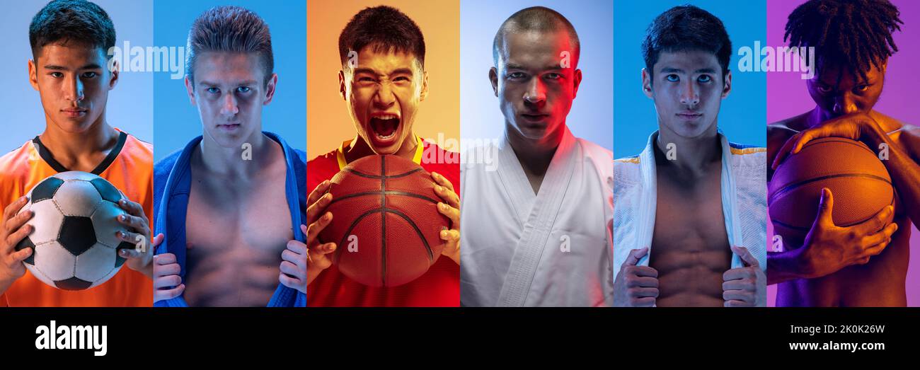 Collage. Close-up portraits of young sportive man, different sport ...