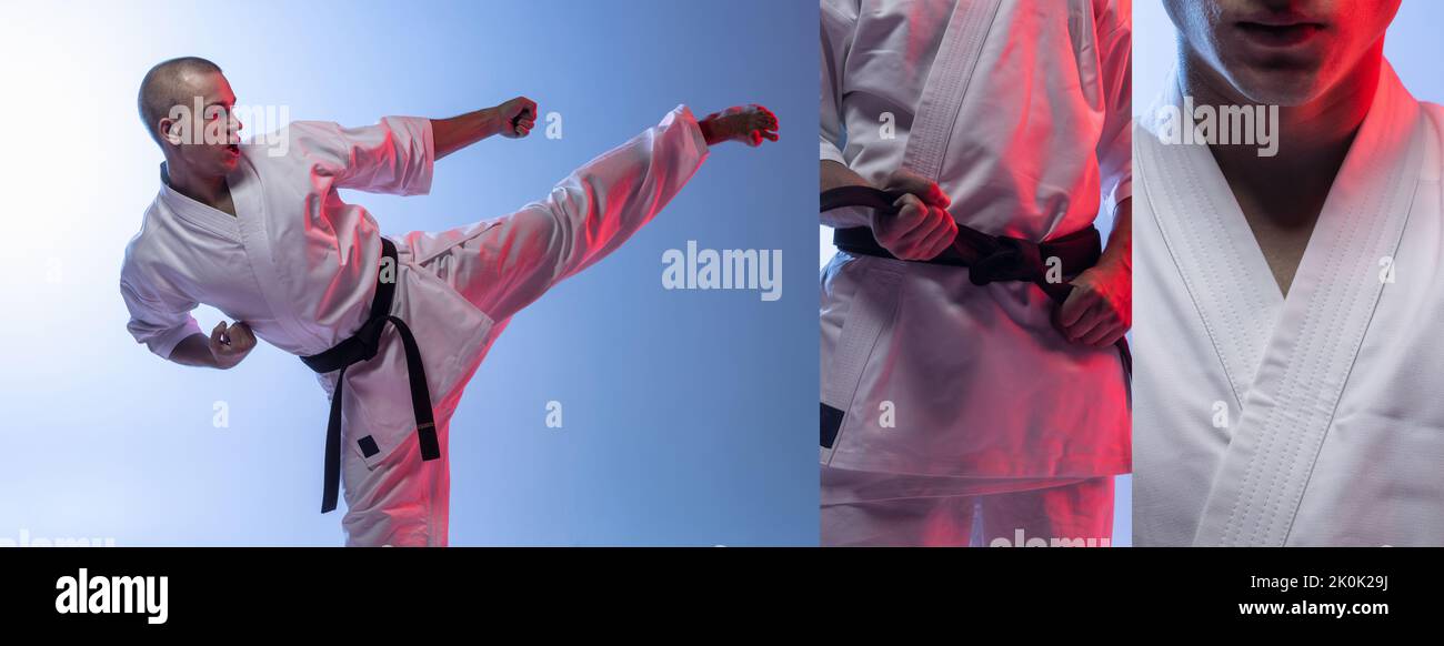 Collage of young sportive man in white kimono practising, training ...