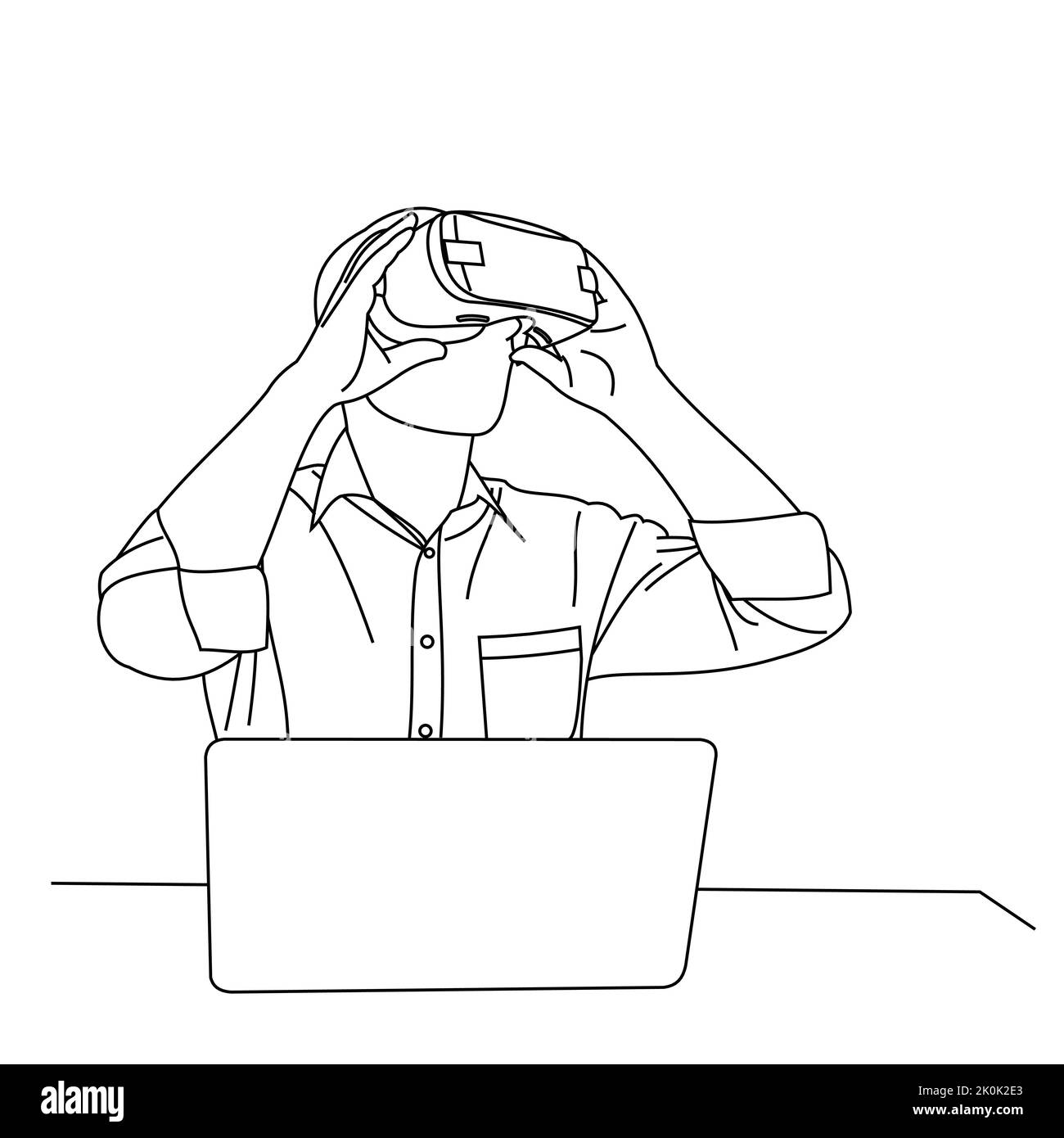 An illustration drawing of a young man using Virtual Reality glasses ...