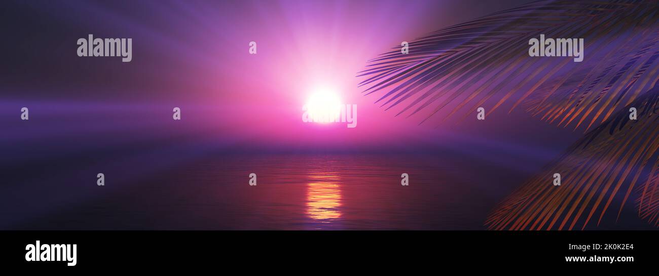 sunset sea palm landscape illustration, 3d render Stock Photo - Alamy