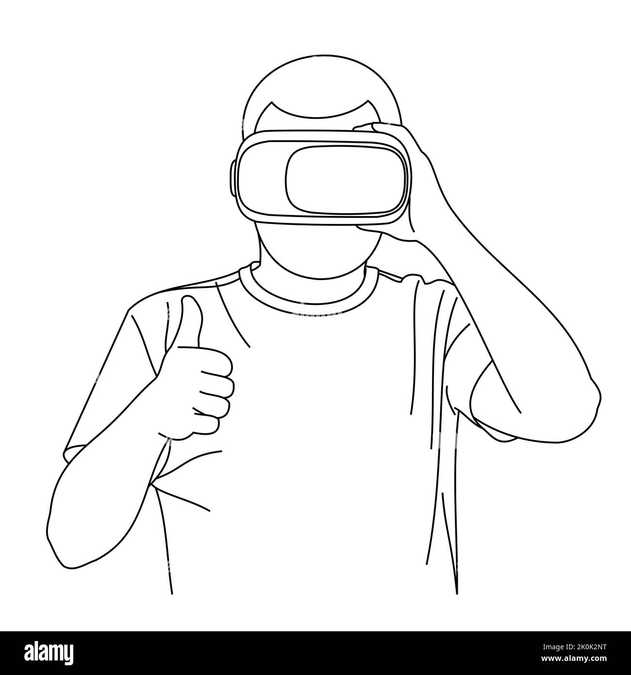 An illustration drawing of a young man using Virtual Reality glasses ...