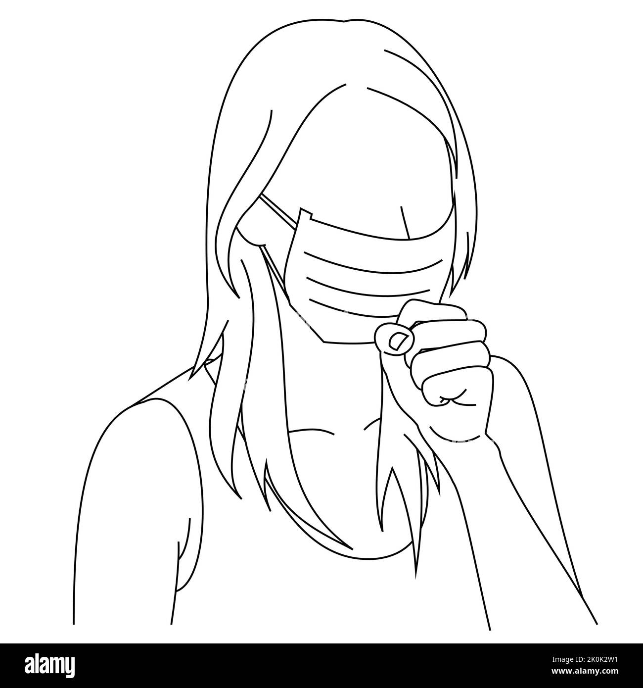 An illustration drawing of a young woman sick wearing medical face ...