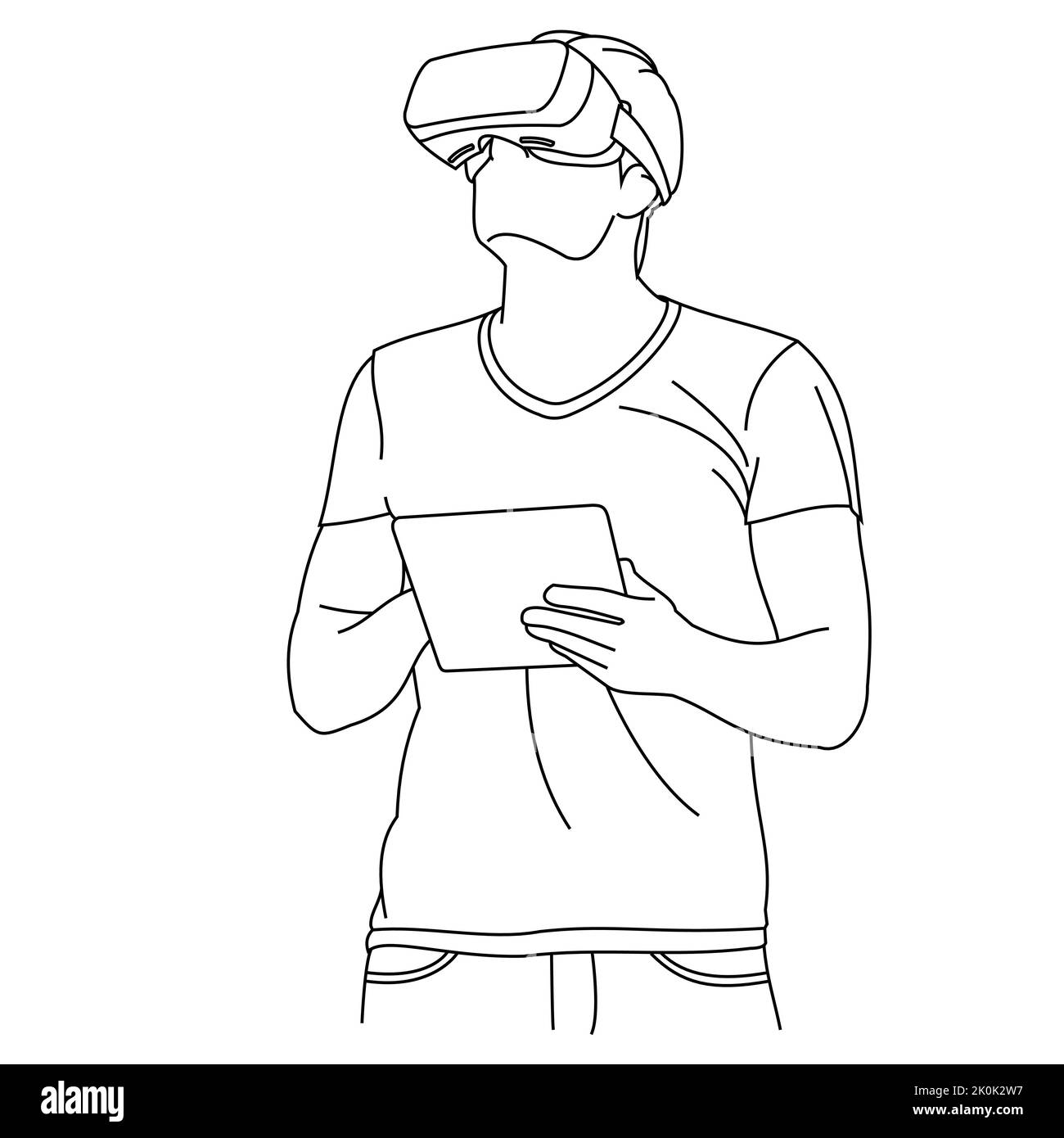 An illustration drawing of a young man using Virtual Reality glasses ...