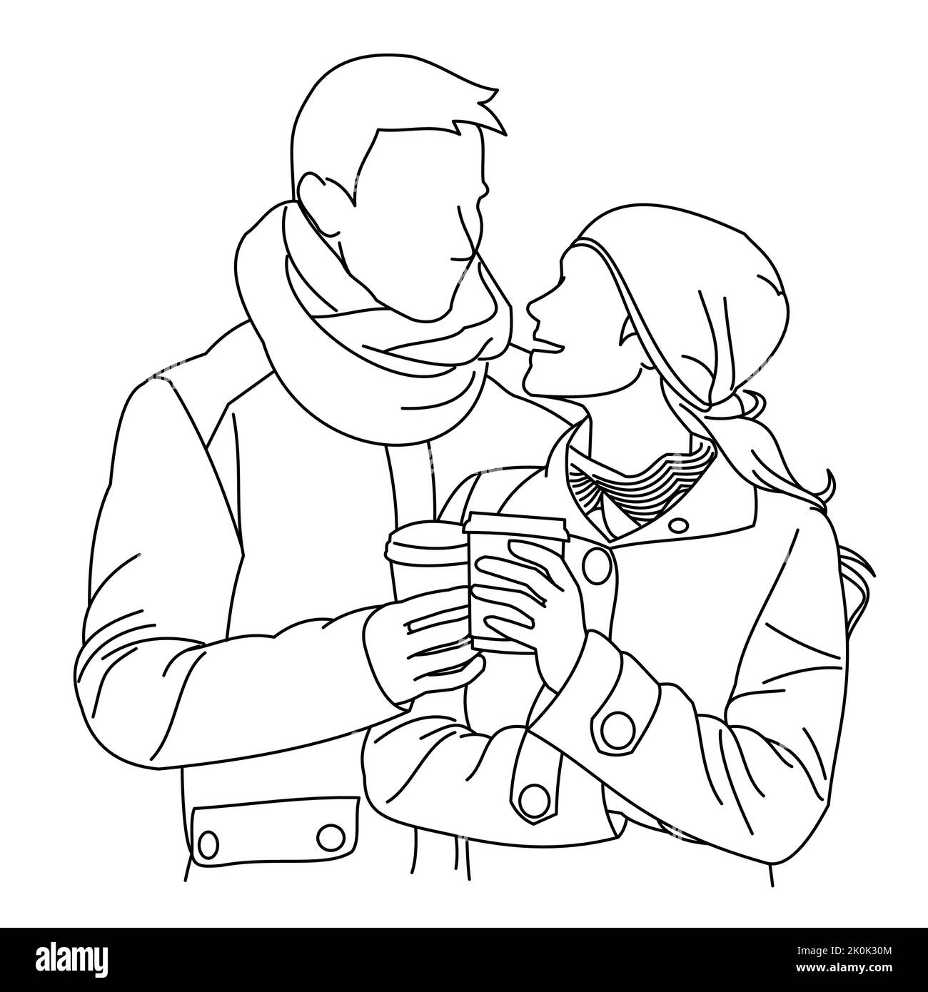 A closeup of a sketch drawing of a happy couple drinking tea together ...