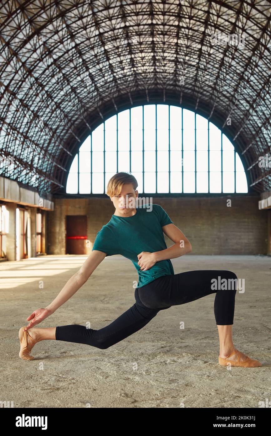 Side view of flexible young ballet dancer in leotard stretching while ...