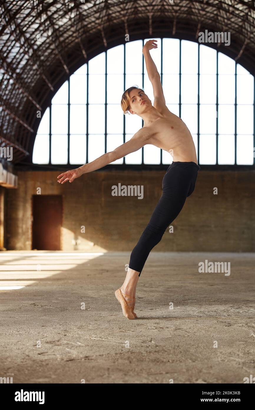 Side view of flexible young ballet dancer in leotard stretching while ...