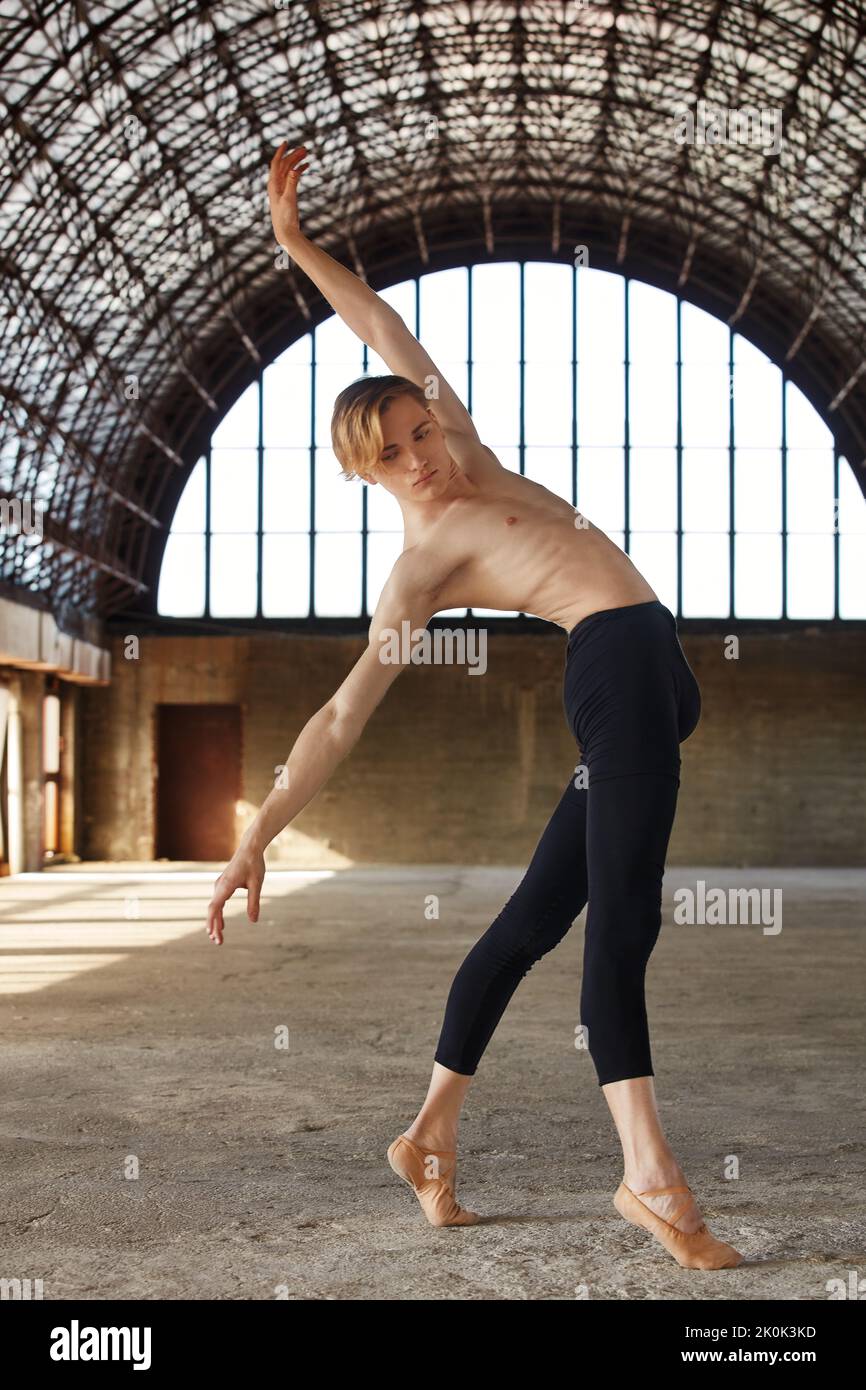 Side view of flexible young ballet dancer in leotard stretching while ...