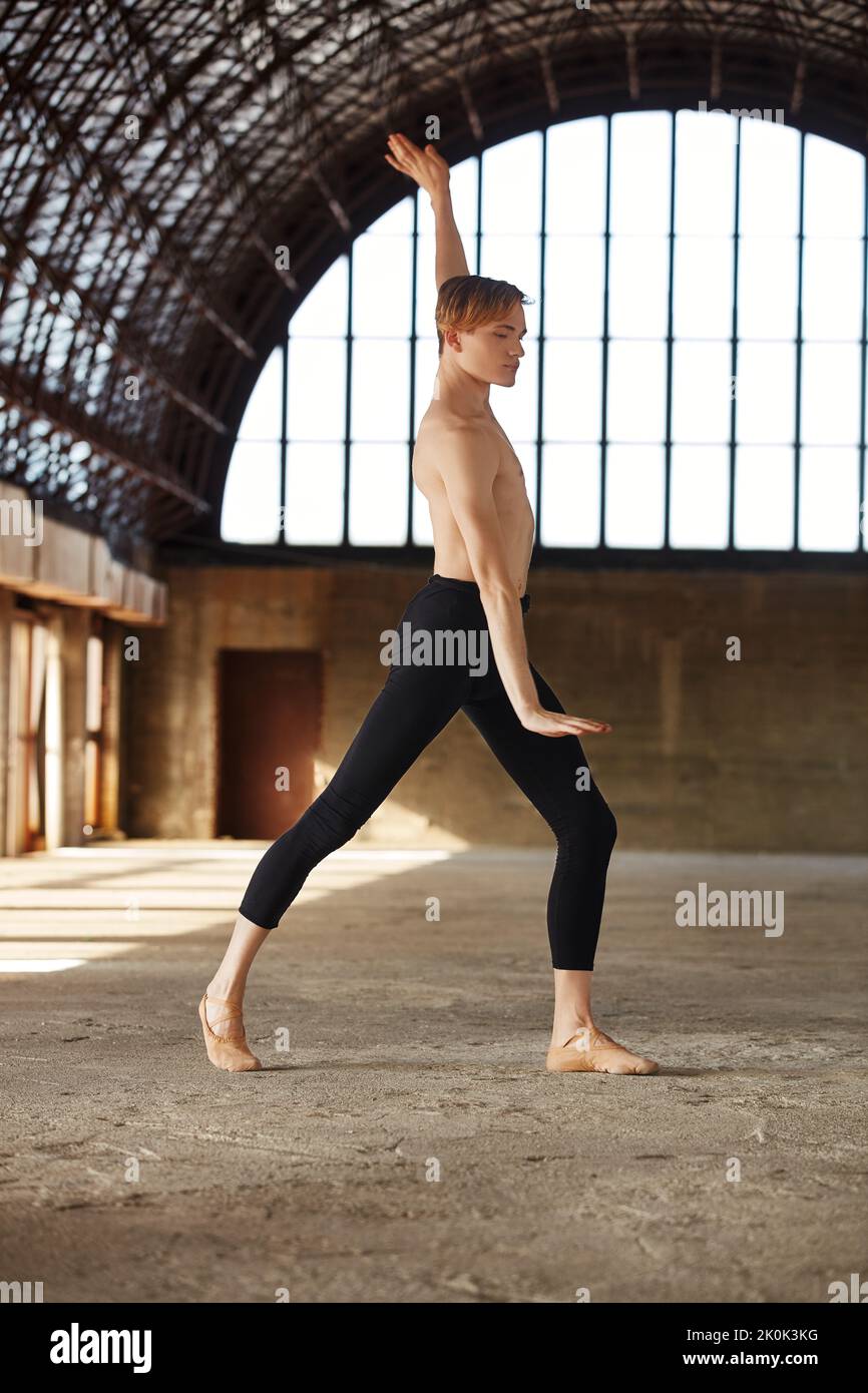 Side view of flexible young ballet dancer in leotard stretching while ...