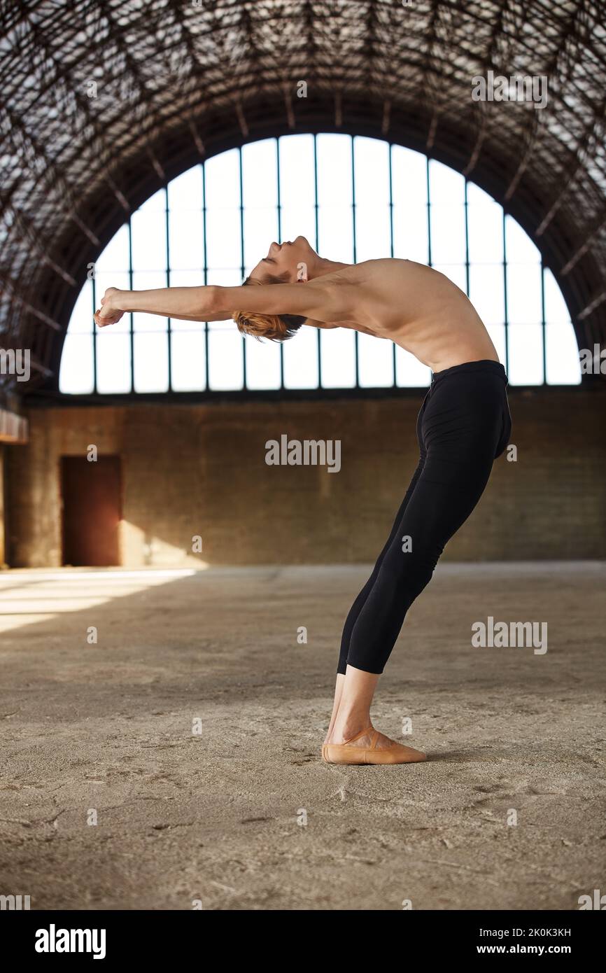 Side view of flexible young ballet dancer in leotard stretching while ...