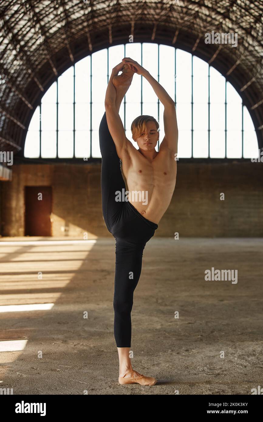 Side view of flexible young ballet dancer in leotard stretching while ...