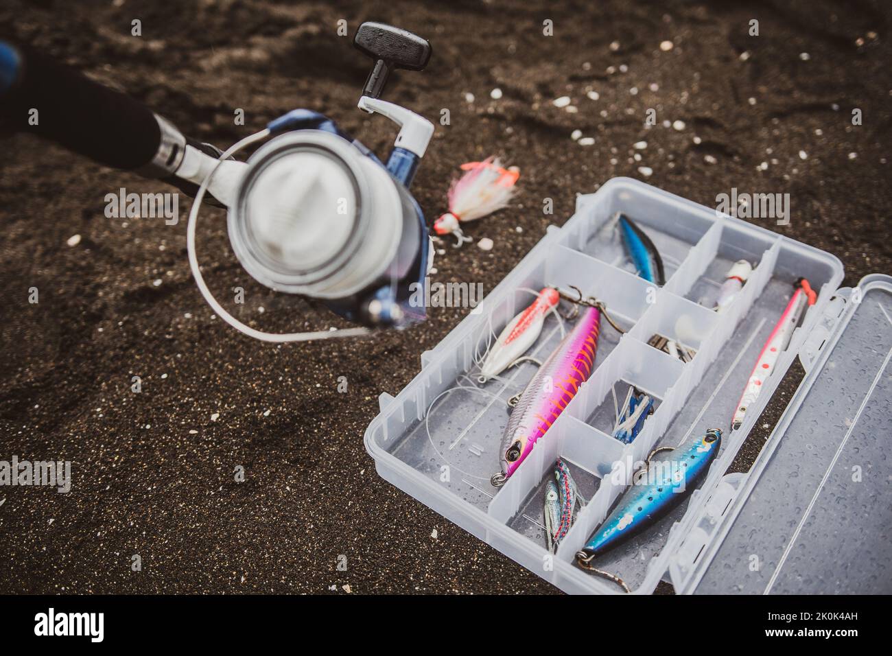 From above plastic container filled with various types of fishing boats ...