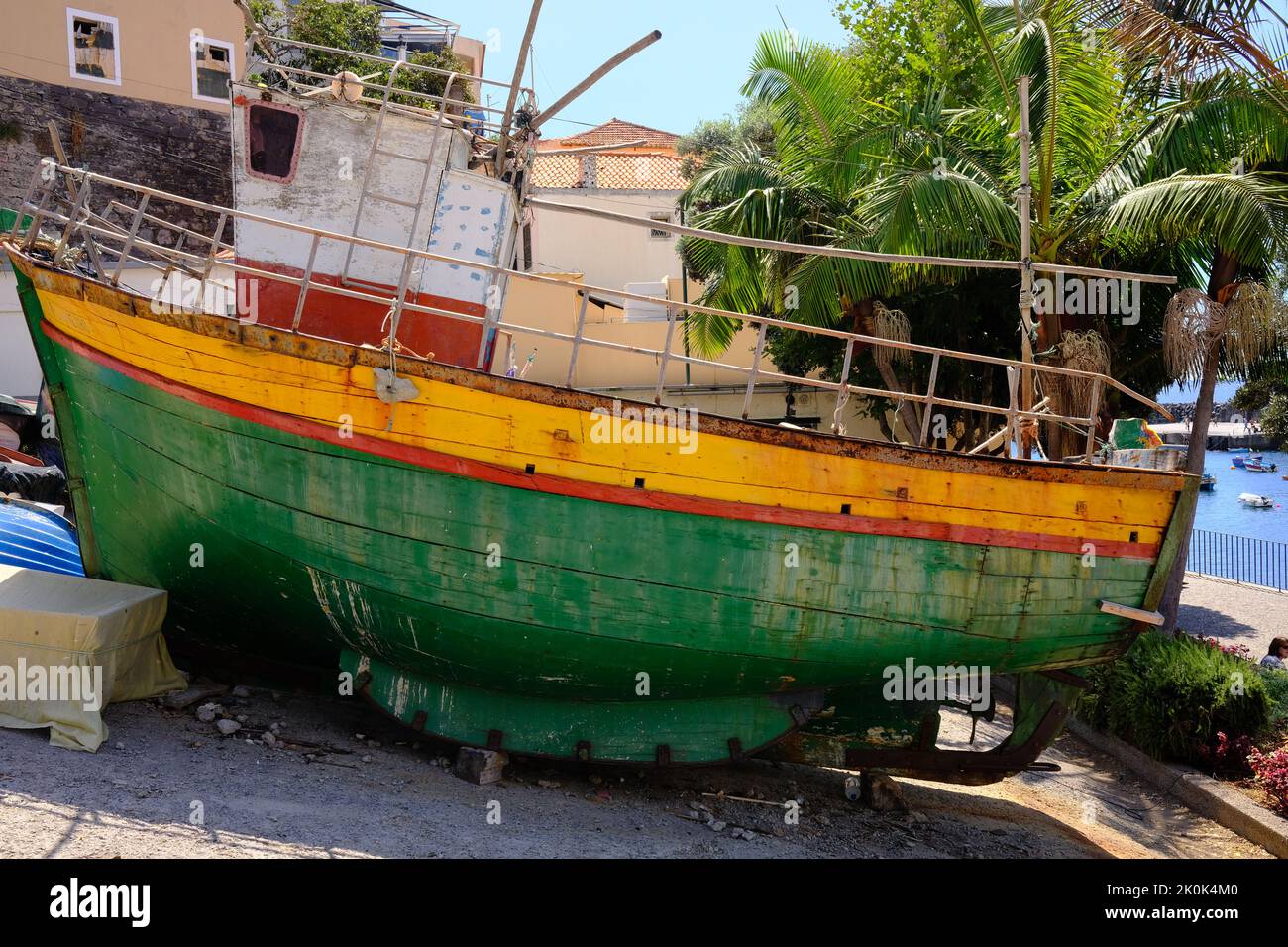Old brightly coloured boat on Camara do Lobos harbour, Madeira Stock ...