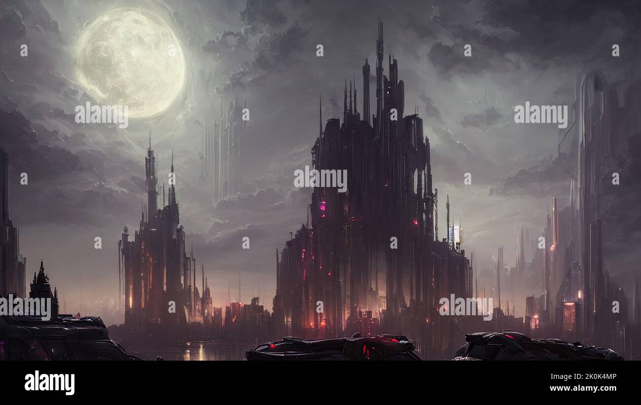 Fantasy gloomy cyberpunk city of future. Futurism, huge buildings ...