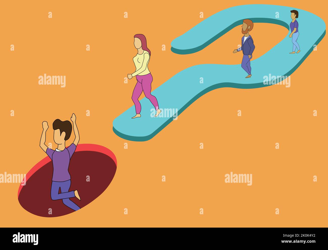 Some people walking on a blue question mark form path and falling into ...