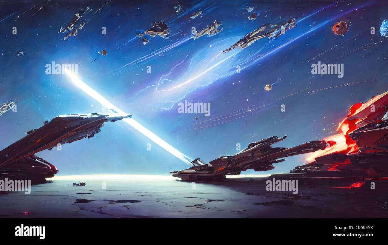 Space battle, spaceships are fighting, shooting from laser guns ...
